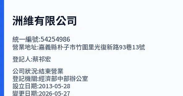 洲維有限公司的照片-統編 54254986(嘉義縣) 公司登記資料與營業項目詳細圖表