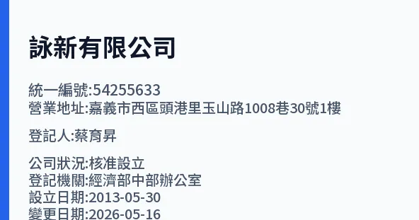 詠新有限公司的照片-統編 54255633(嘉義市) 公司登記資料與營業項目詳細圖表