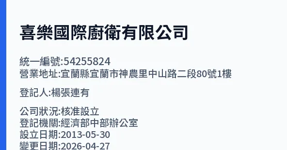 喜樂國際廚衛有限公司的照片-統編 54255824(宜蘭縣) 公司登記資料與營業項目詳細圖表