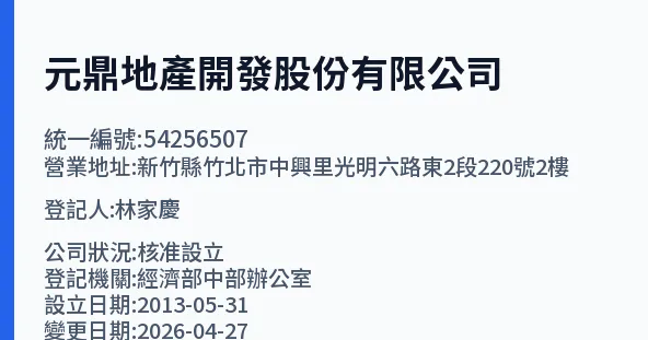 元鼎地產開發股份有限公司的照片-統編 54256507(新竹縣) 公司登記資料與營業項目詳細圖表