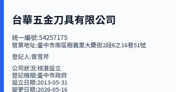 台華五金刀具有限公司的照片-統編 54257175(臺中市) 公司登記資料與營業項目詳細圖表