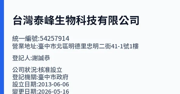 台灣泰峰生物科技有限公司的照片-統編 54257914(臺中市) 公司登記資料與營業項目詳細圖表