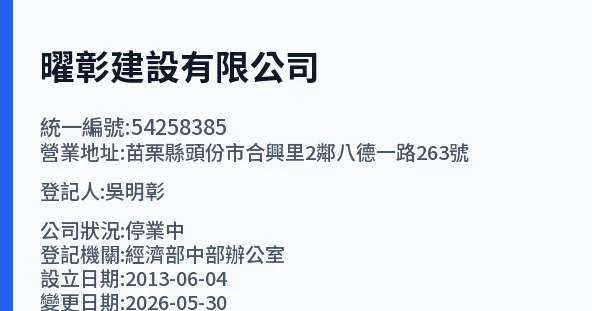 曜彰建設有限公司的照片-統編 54258385(苗栗縣) 公司登記資料與營業項目詳細圖表