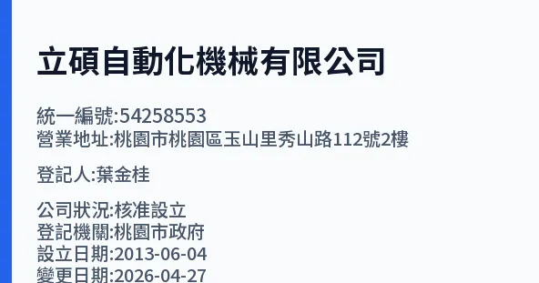 立碩自動化機械有限公司的照片-統編 54258553(桃園市) 公司登記資料與營業項目詳細圖表