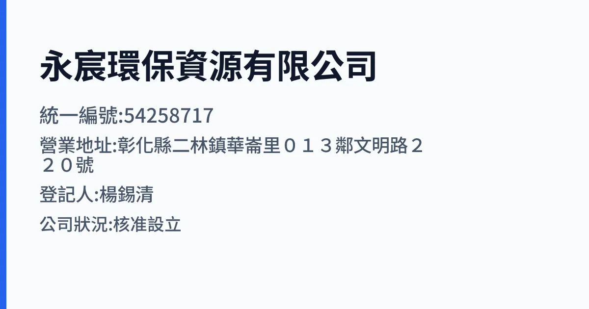 永宸環保資源有限公司 - 統編 54258717(彰化縣) 公司登記資料與營業項目詳細圖表