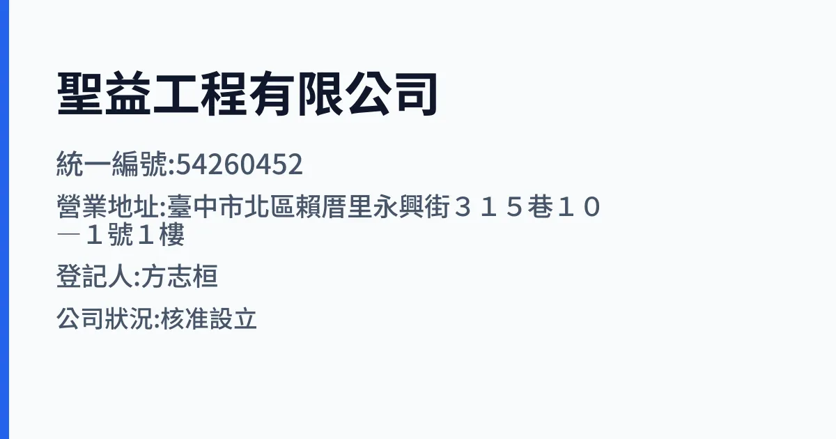 聖益工程有限公司 - 統編 54260452(臺中市) 公司登記資料與營業項目詳細圖表