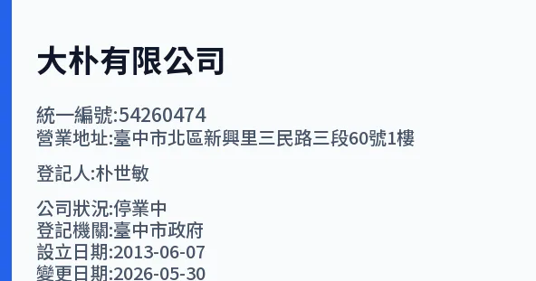 大朴有限公司的照片-統編 54260474(臺中市) 公司登記資料與營業項目詳細圖表