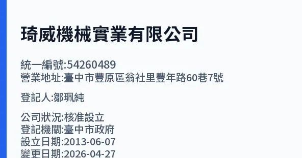 琦威機械實業有限公司的照片-統編 54260489(臺中市) 公司登記資料與營業項目詳細圖表