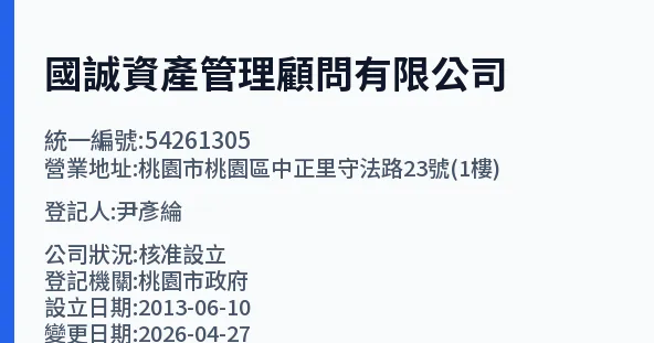 國誠資產管理顧問有限公司的照片-統編 54261305(桃園市) 公司登記資料與營業項目詳細圖表