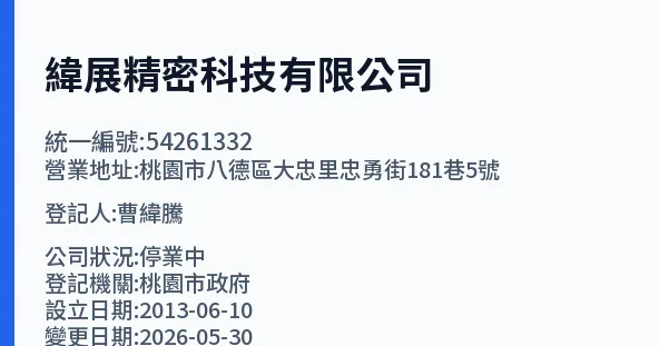 緯展精密科技有限公司的照片-統編 54261332(桃園市) 公司登記資料與營業項目詳細圖表