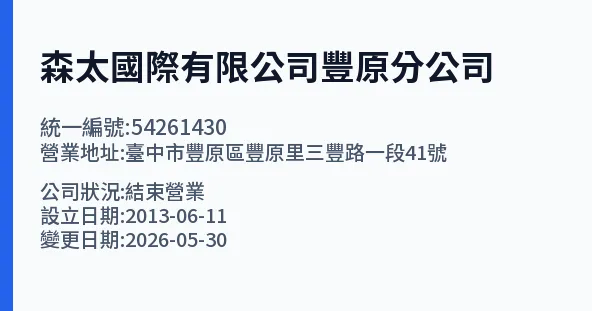 森太國際有限公司豐原分公司的照片-統編 54261430(臺中市) 公司登記資料與營業項目詳細圖表