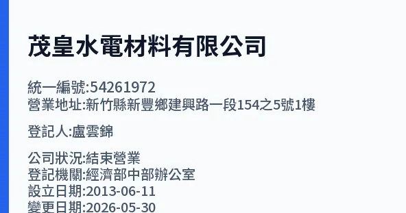 茂皇水電材料有限公司的照片-統編 54261972(新竹縣) 公司登記資料與營業項目詳細圖表