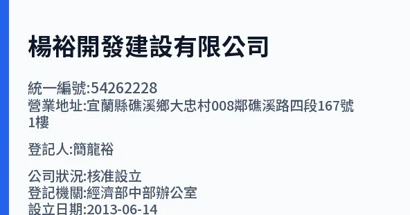 楊裕開發建設有限公司的照片-統編 54262228(宜蘭縣) 公司登記資料與營業項目詳細圖表