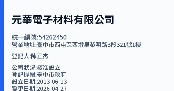 元華電子材料有限公司的照片-統編 54262450(臺中市) 公司登記資料與營業項目詳細圖表