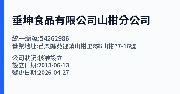 垂坤食品有限公司山柑分公司的照片-統編 54262986(苗栗縣) 公司登記資料與營業項目詳細圖表