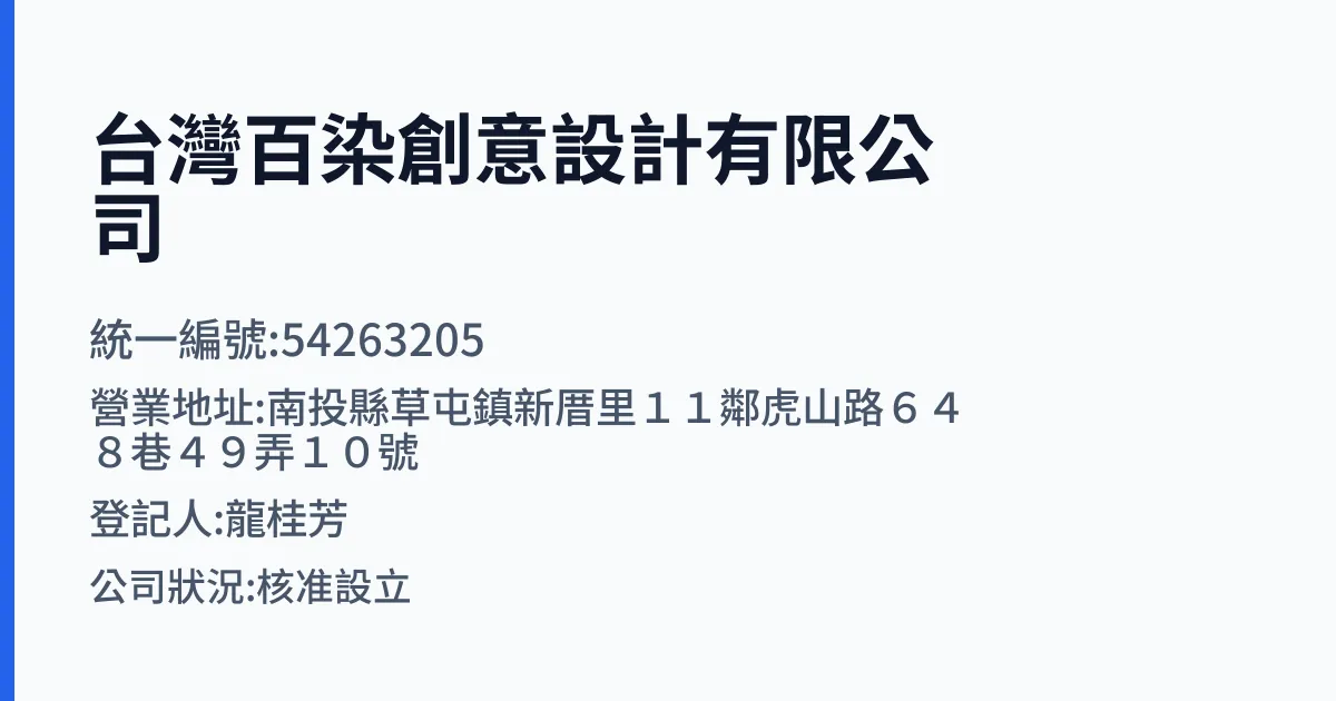 台灣百染創意設計有限公司 - 統編 54263205(南投縣) 公司登記資料與營業項目詳細圖表