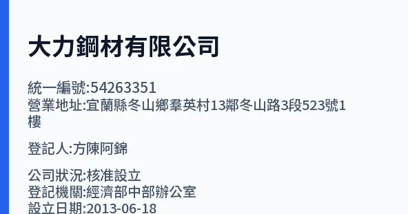 大力鋼材有限公司的照片-統編 54263351(宜蘭縣) 公司登記資料與營業項目詳細圖表