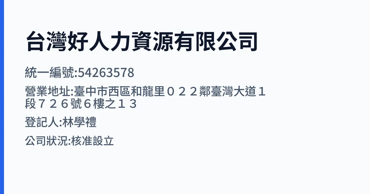台灣好人力資源有限公司 - 統編 54263578(臺中市) 公司登記資料與營業項目詳細圖表