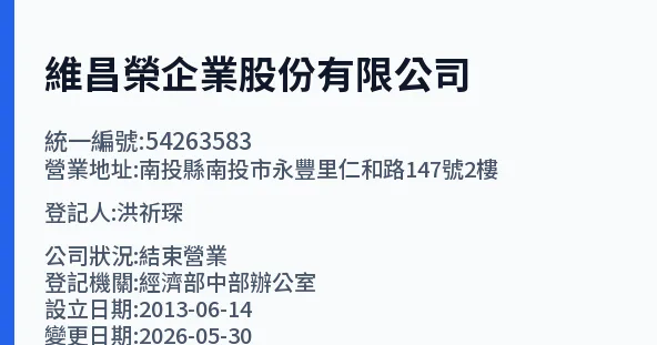 維昌榮企業股份有限公司的照片-統編 54263583(南投縣) 公司登記資料與營業項目詳細圖表