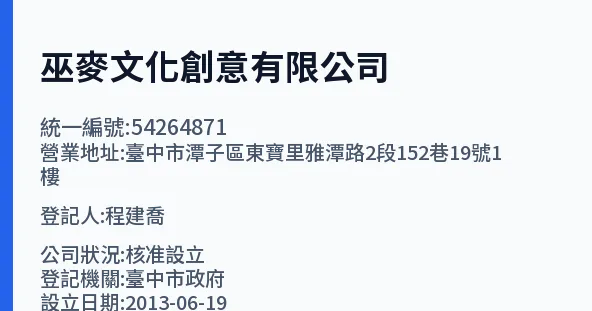 巫麥文化創意有限公司的照片-統編 54264871(臺中市) 公司登記資料與營業項目詳細圖表