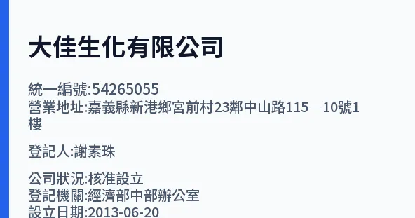 大佳生化有限公司的照片-統編 54265055(嘉義縣) 公司登記資料與營業項目詳細圖表