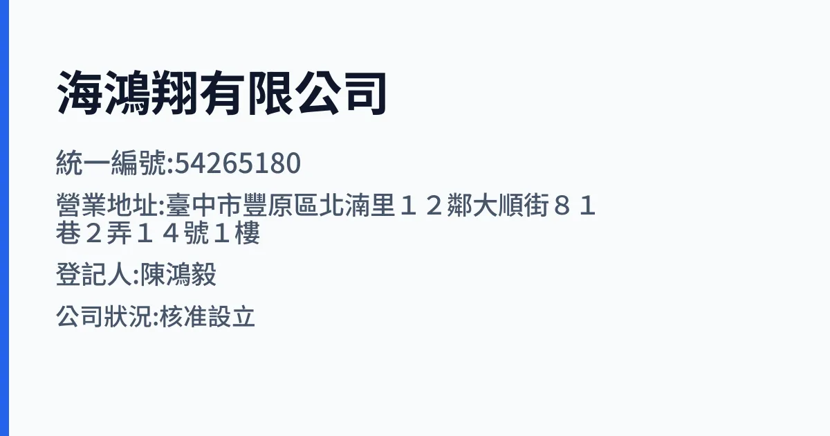 海鴻翔有限公司 - 統編 54265180(臺中市) 公司登記資料與營業項目詳細圖表