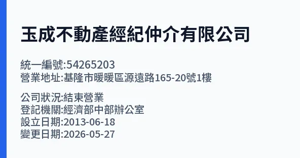 玉成不動產經紀仲介有限公司的照片-統編 54265203(基隆市) 公司登記資料與營業項目詳細圖表