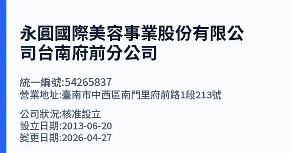 永圓國際美容事業股份有限公司台南府前分公司的照片-統編 54265837(臺南市) 公司登記資料與營業項目詳細圖表