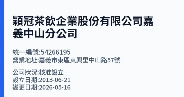穎冠茶飲企業股份有限公司嘉義中山分公司的照片-統編 54266195(嘉義市) 公司登記資料與營業項目詳細圖表