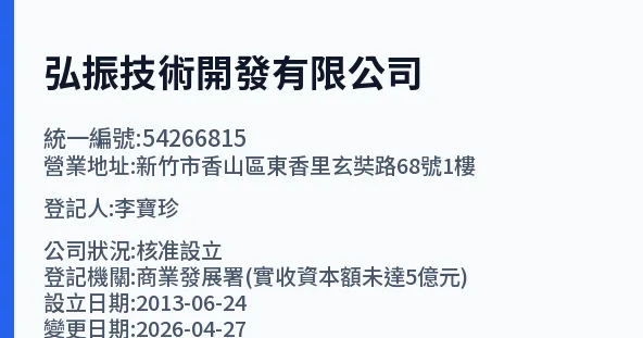 弘振技術開發有限公司的照片-統編 54266815(新竹市) 公司登記資料與營業項目詳細圖表