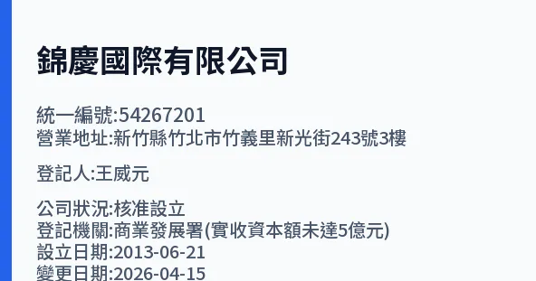 錦慶國際有限公司的照片-統編 54267201(新竹縣) 公司登記資料與營業項目詳細圖表