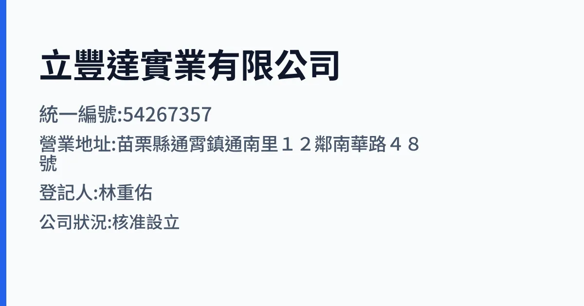 立豐達實業有限公司 - 統編 54267357(苗栗縣) 公司登記資料與營業項目詳細圖表