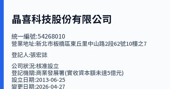 晶喜科技股份有限公司的照片-統編 54268010(新北市) 公司登記資料與營業項目詳細圖表