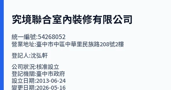 究境聯合室內裝修有限公司的照片-統編 54268052(臺中市) 公司登記資料與營業項目詳細圖表