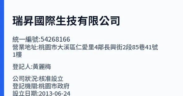 瑞昇國際生技有限公司的照片-統編 54268166(桃園市) 公司登記資料與營業項目詳細圖表