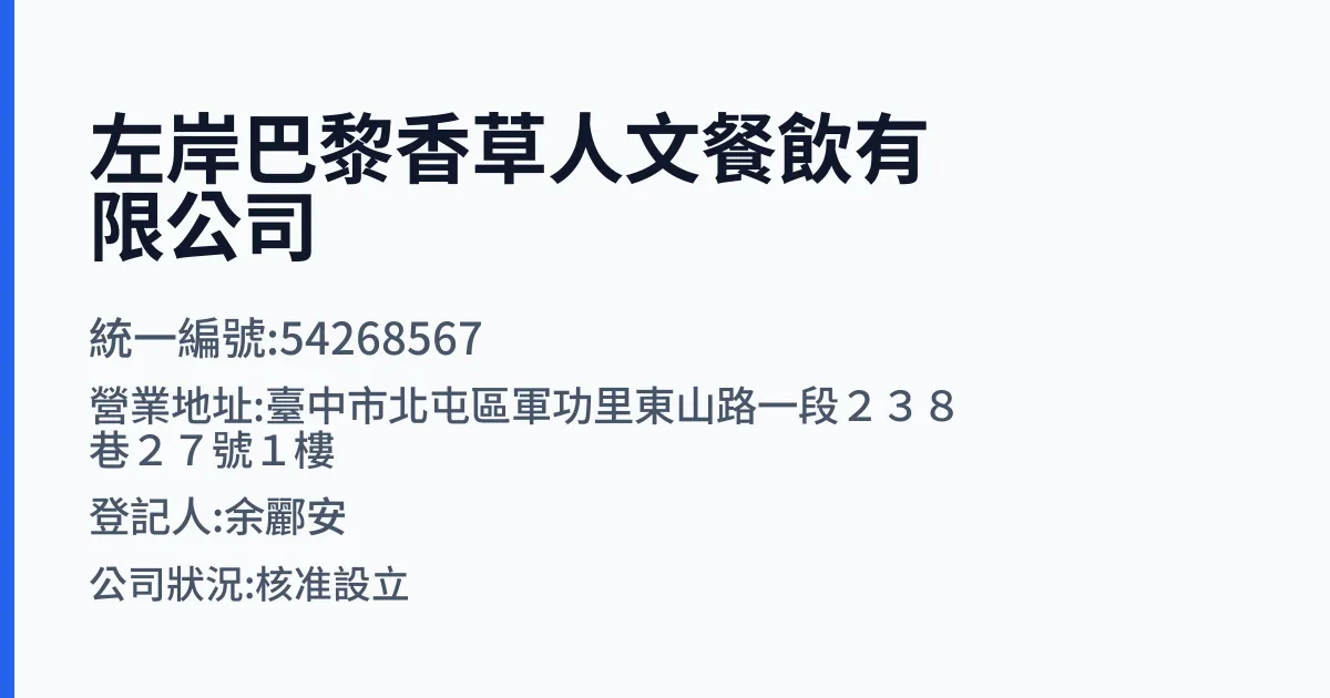 左岸巴黎香草人文餐飲有限公司 - 統編 54268567（臺中市） 公司登記資料與營業項目詳細圖表