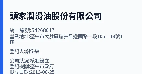 頭家潤滑油股份有限公司的照片-統編 54268617(臺中市) 公司登記資料與營業項目詳細圖表