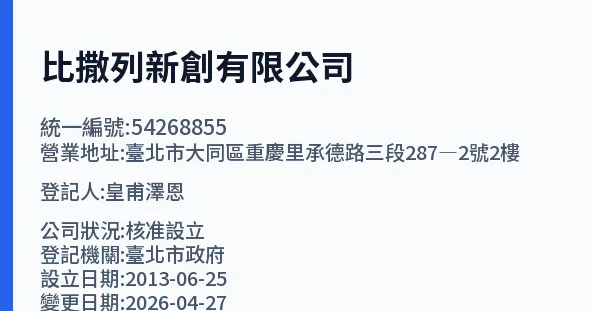 比撒列新創有限公司的照片-統編 54268855(臺北市) 公司登記資料與營業項目詳細圖表