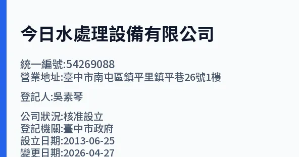 今日水處理設備有限公司的照片-統編 54269088(臺中市) 公司登記資料與營業項目詳細圖表