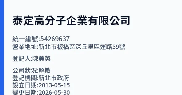泰定高分子企業有限公司的照片-統編 54269637(新北市) 公司登記資料與營業項目詳細圖表