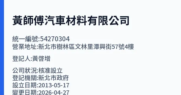 黃師傅汽車材料有限公司的照片-統編 54270304(新北市) 公司登記資料與營業項目詳細圖表