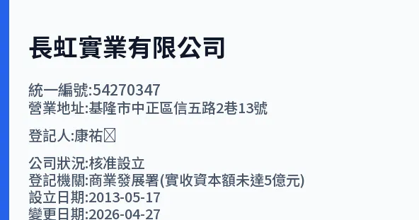 長虹實業有限公司的照片-統編 54270347(基隆市) 公司登記資料與營業項目詳細圖表