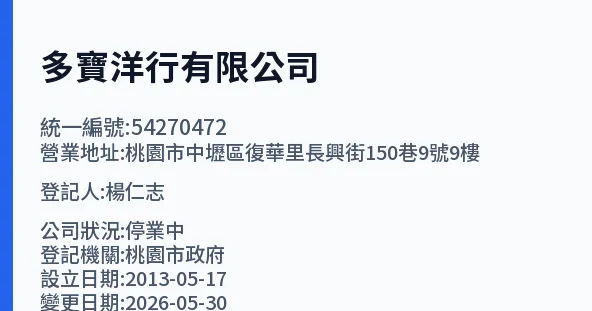 多寶洋行有限公司的照片-統編 54270472(桃園市) 公司登記資料與營業項目詳細圖表