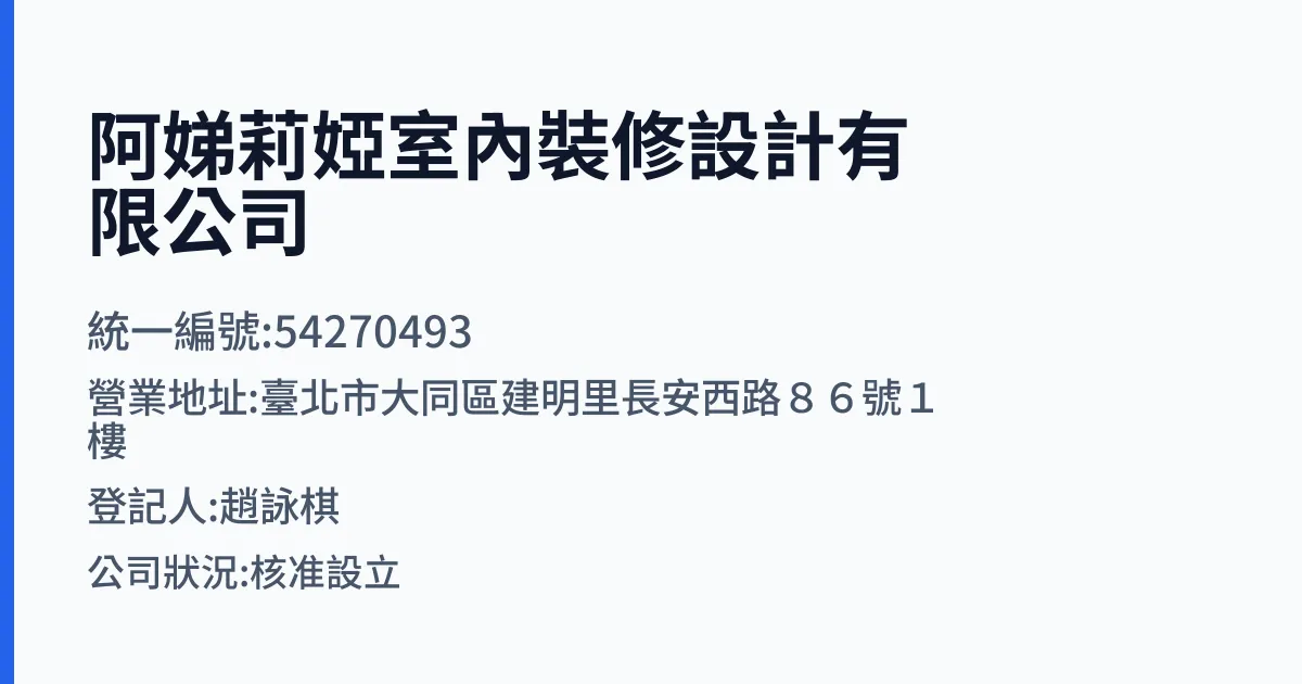 阿娣莉婭室內裝修設計有限公司 - 統編 54270493(臺北市) 公司登記資料與營業項目詳細圖表