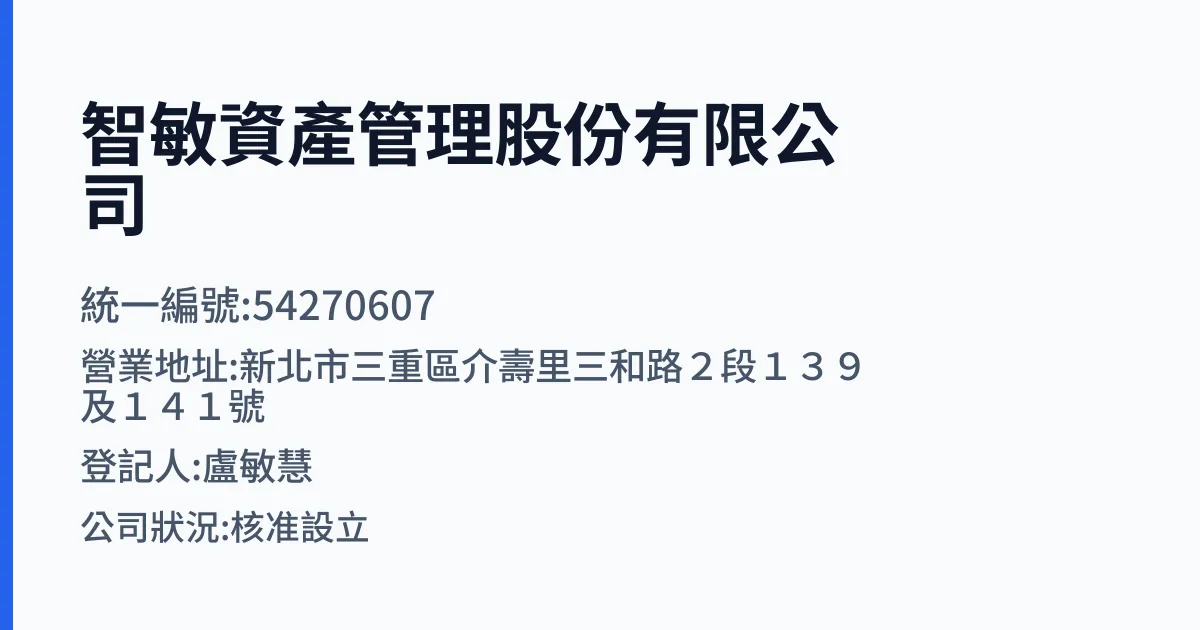 智敏資產管理股份有限公司 - 統編 54270607(新北市) 公司登記資料與營業項目詳細圖表