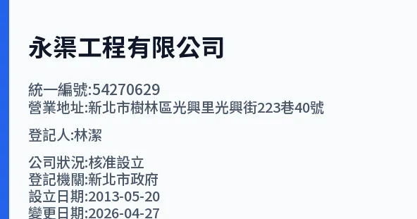 永渠工程有限公司的照片-統編 54270629(新北市) 公司登記資料與營業項目詳細圖表