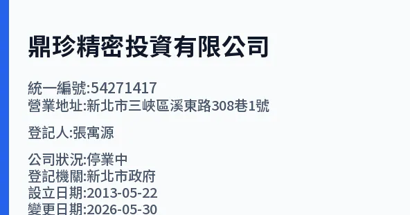 鼎珍精密投資有限公司的照片-統編 54271417(新北市) 公司登記資料與營業項目詳細圖表