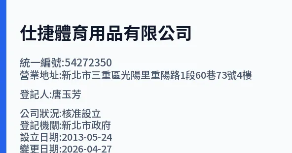 仕捷體育用品有限公司的照片-統編 54272350(新北市) 公司登記資料與營業項目詳細圖表