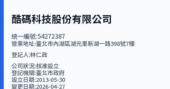 酷碼科技股份有限公司的照片-統編 54272387(臺北市) 公司登記資料與營業項目詳細圖表