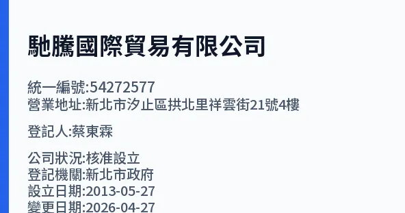 馳騰國際貿易有限公司的照片-統編 54272577(新北市) 公司登記資料與營業項目詳細圖表